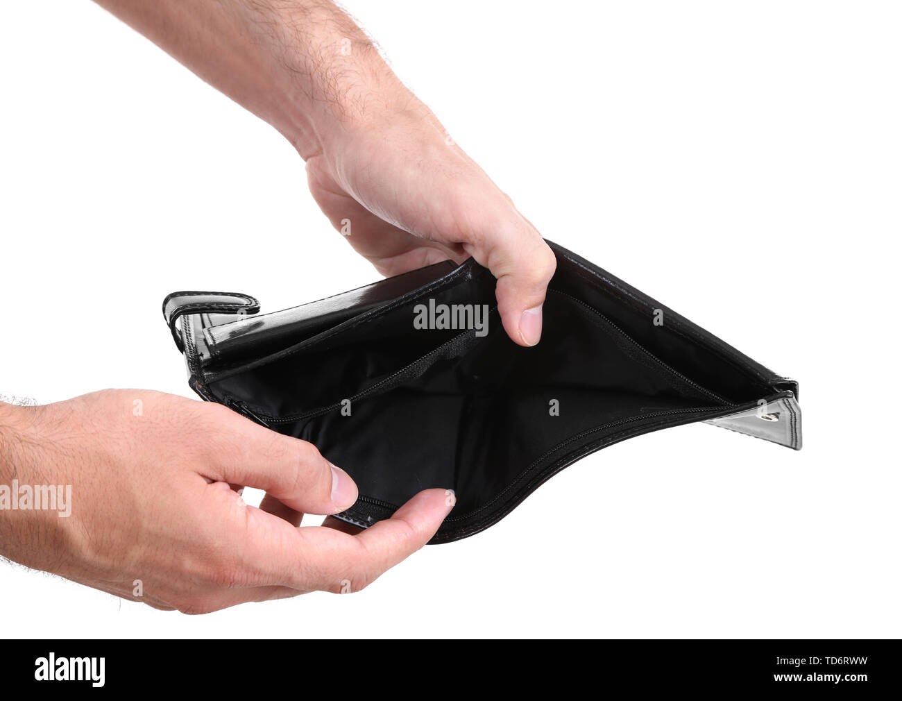 Man showing his empty purse, isolated on white Stock Photo - Alamy