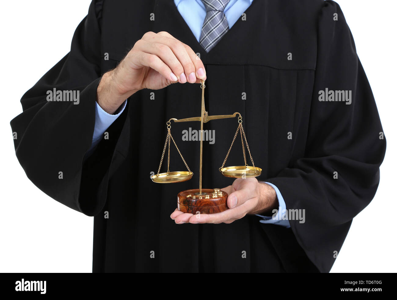 Judge holding scales isolated on white Stock Photo - Alamy
