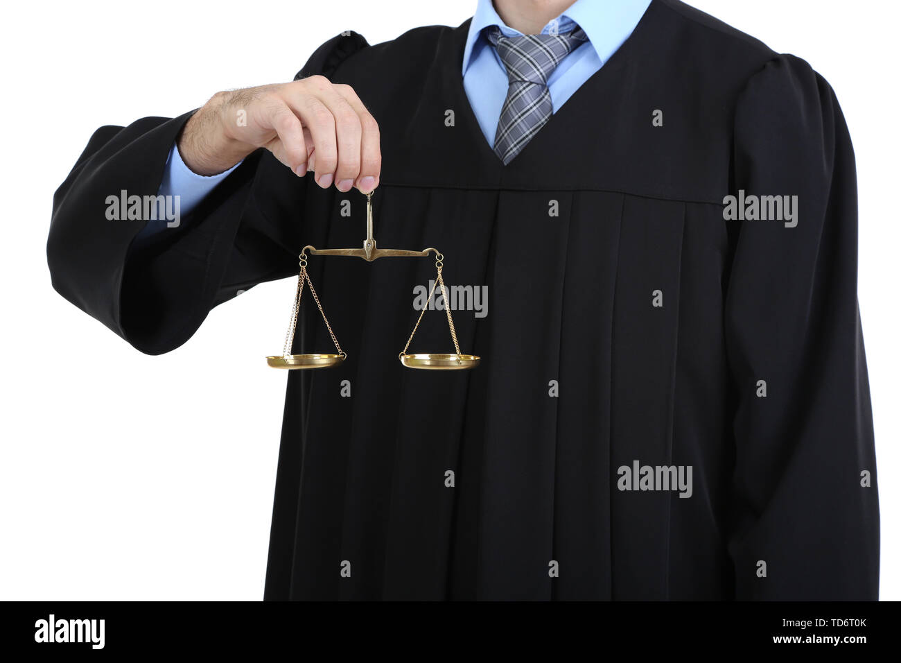 Judge holding scales isolated on white Stock Photo - Alamy