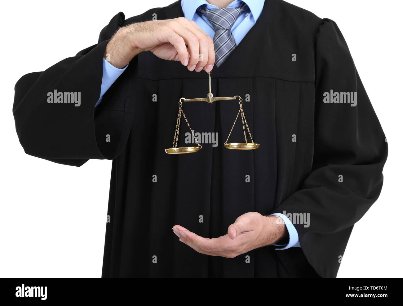 Judge holding scales isolated on white Stock Photo - Alamy