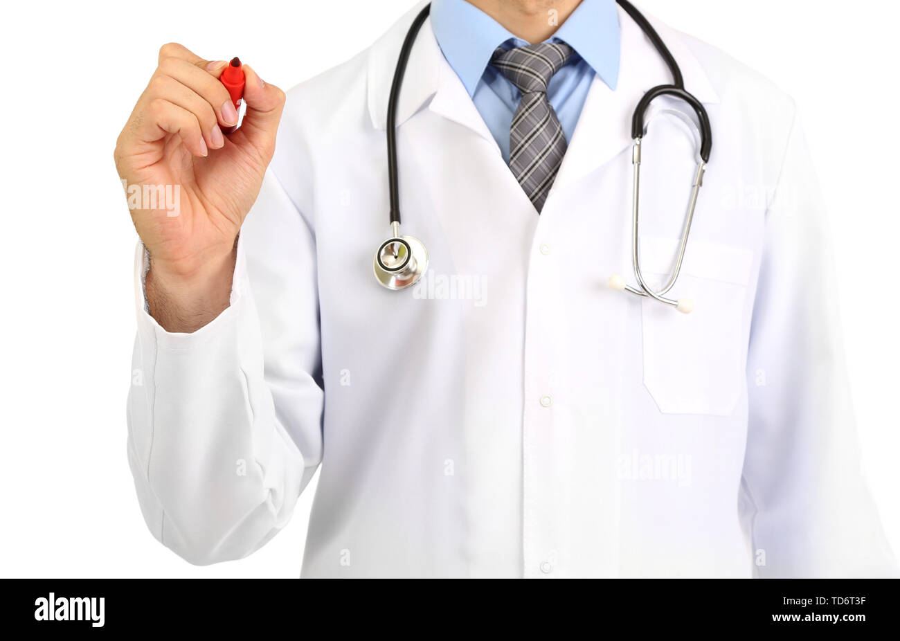 Medical doctor with pen isolated on white Stock Photo - Alamy