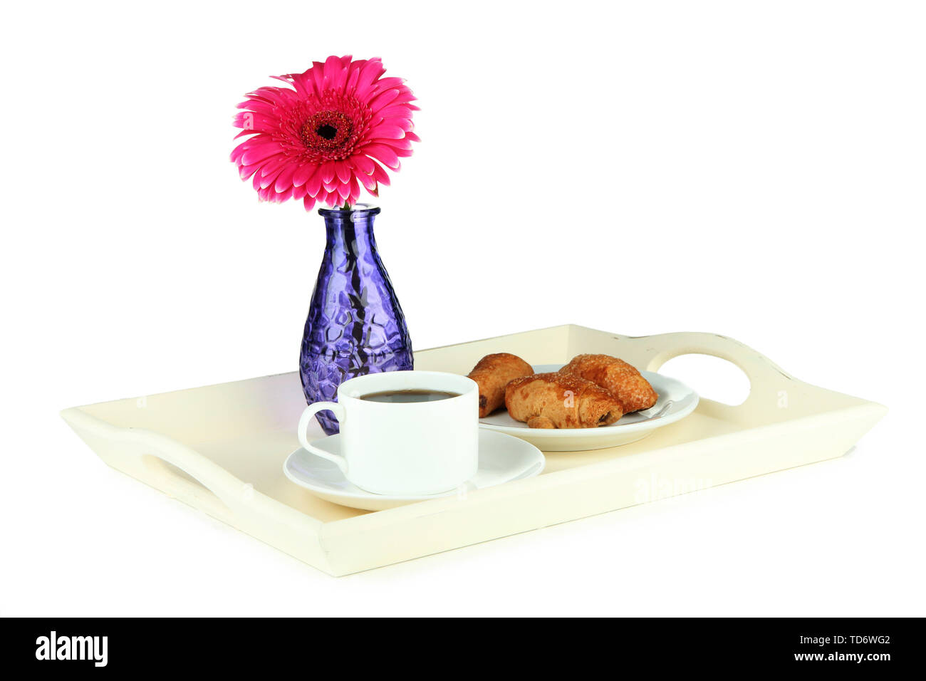 Wooden tray with breakfast, isolated on white Stock Photo - Alamy