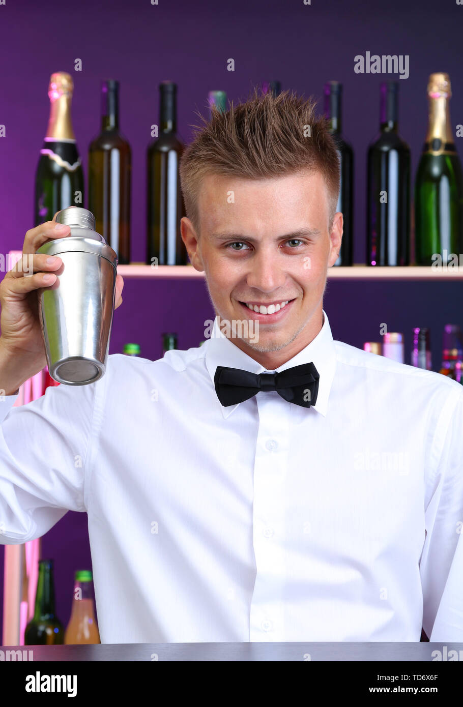 Portrait of handsome barman with shaker, at bar Stock Photo - Alamy