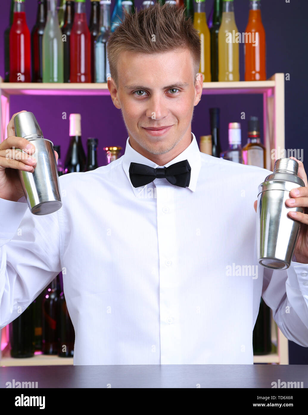Portrait of handsome barman with two shakers, at bar Stock Photo - Alamy