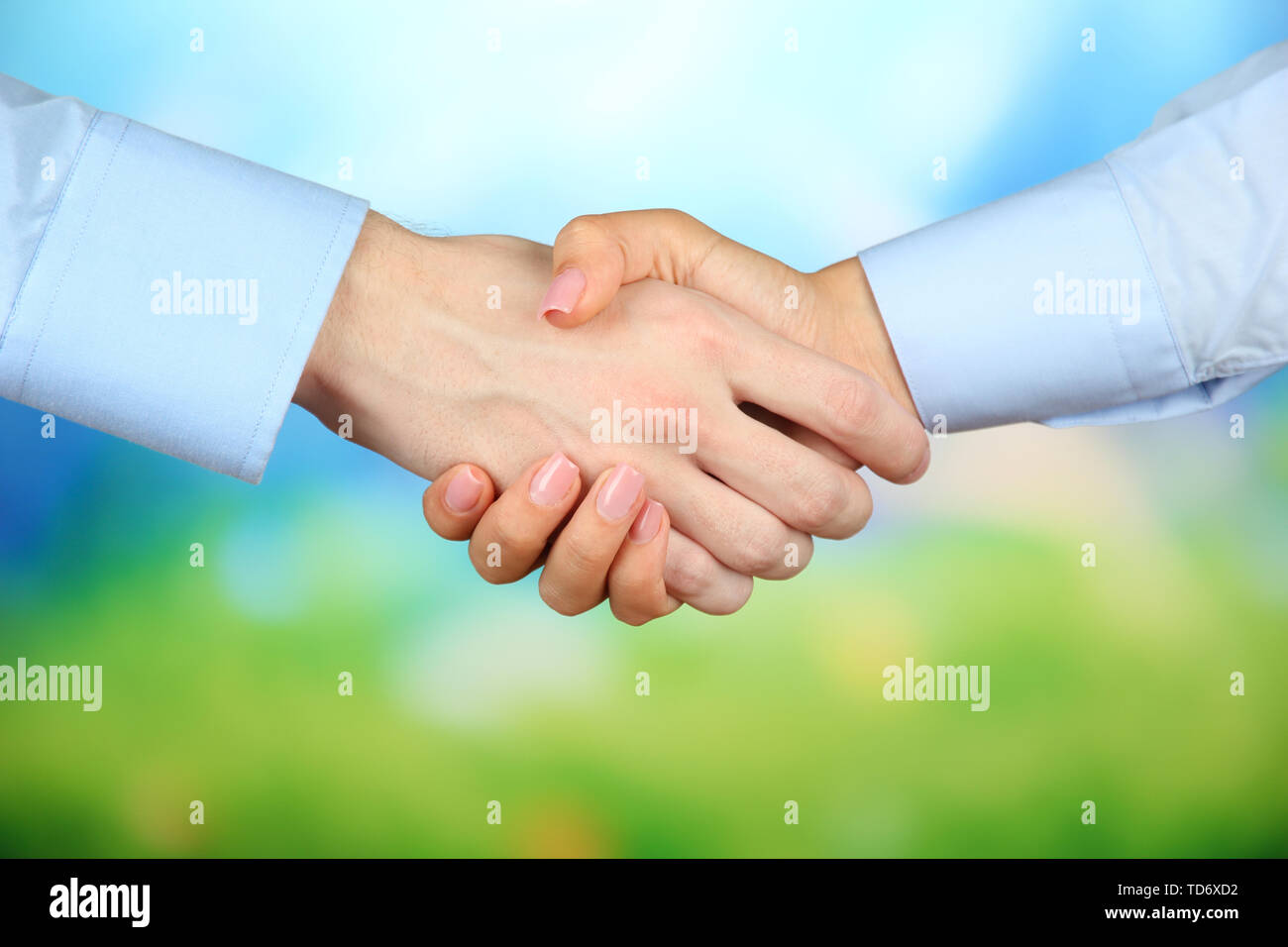 Business handshake on bright background Stock Photo - Alamy