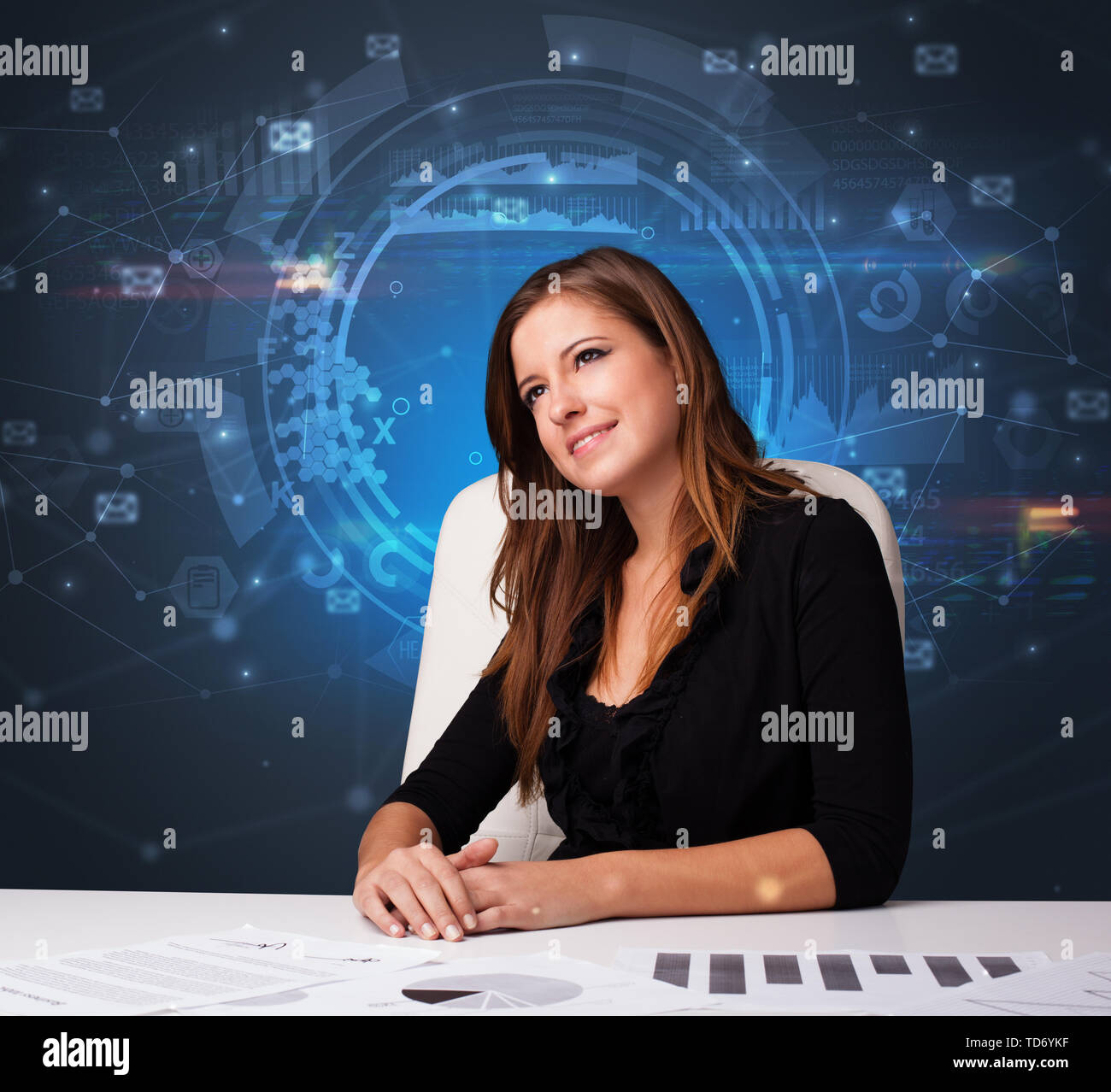 Manager in front of the office desk with connections and teamwork ...