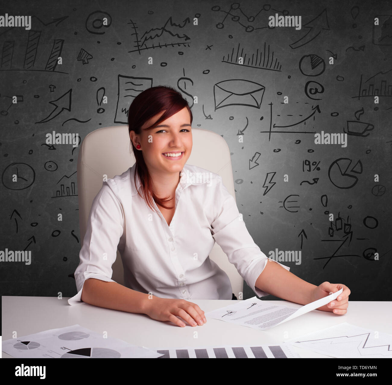 Young secretary with doodle multitask concept Stock Photo - Alamy