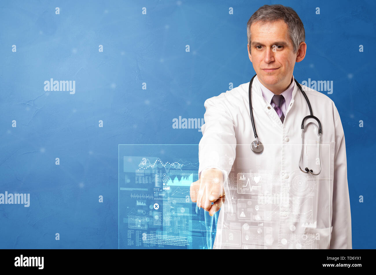 Doctor touching blue screen with full body analyze concept Stock Photo ...