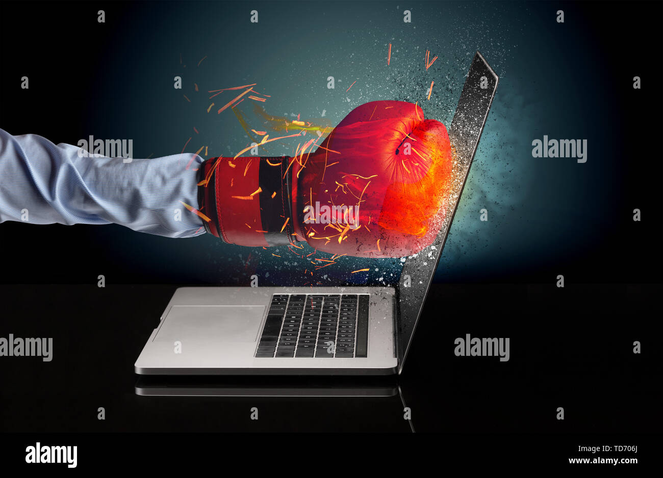 Arm hitting strongly laptop screen which breaks in little pieces Stock ...