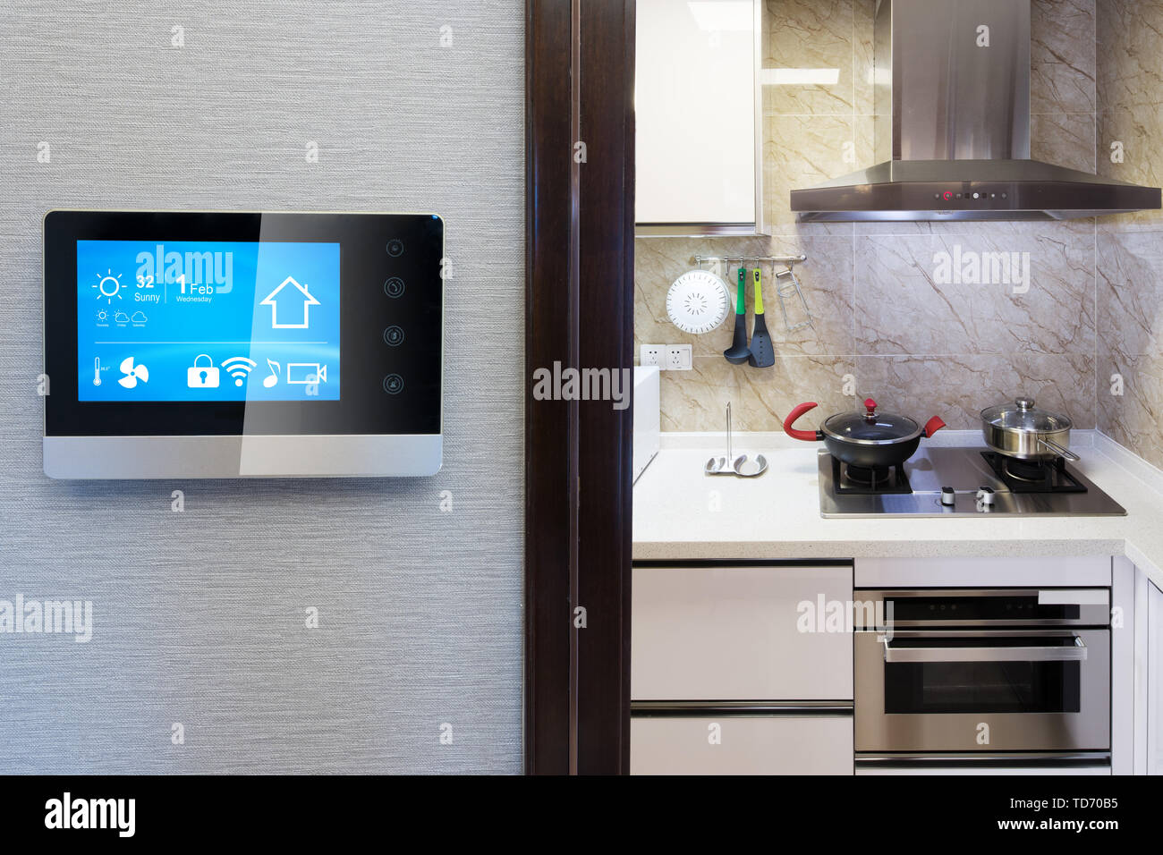 smart screen with smart home with modern kitchen Stock Photo - Alamy
