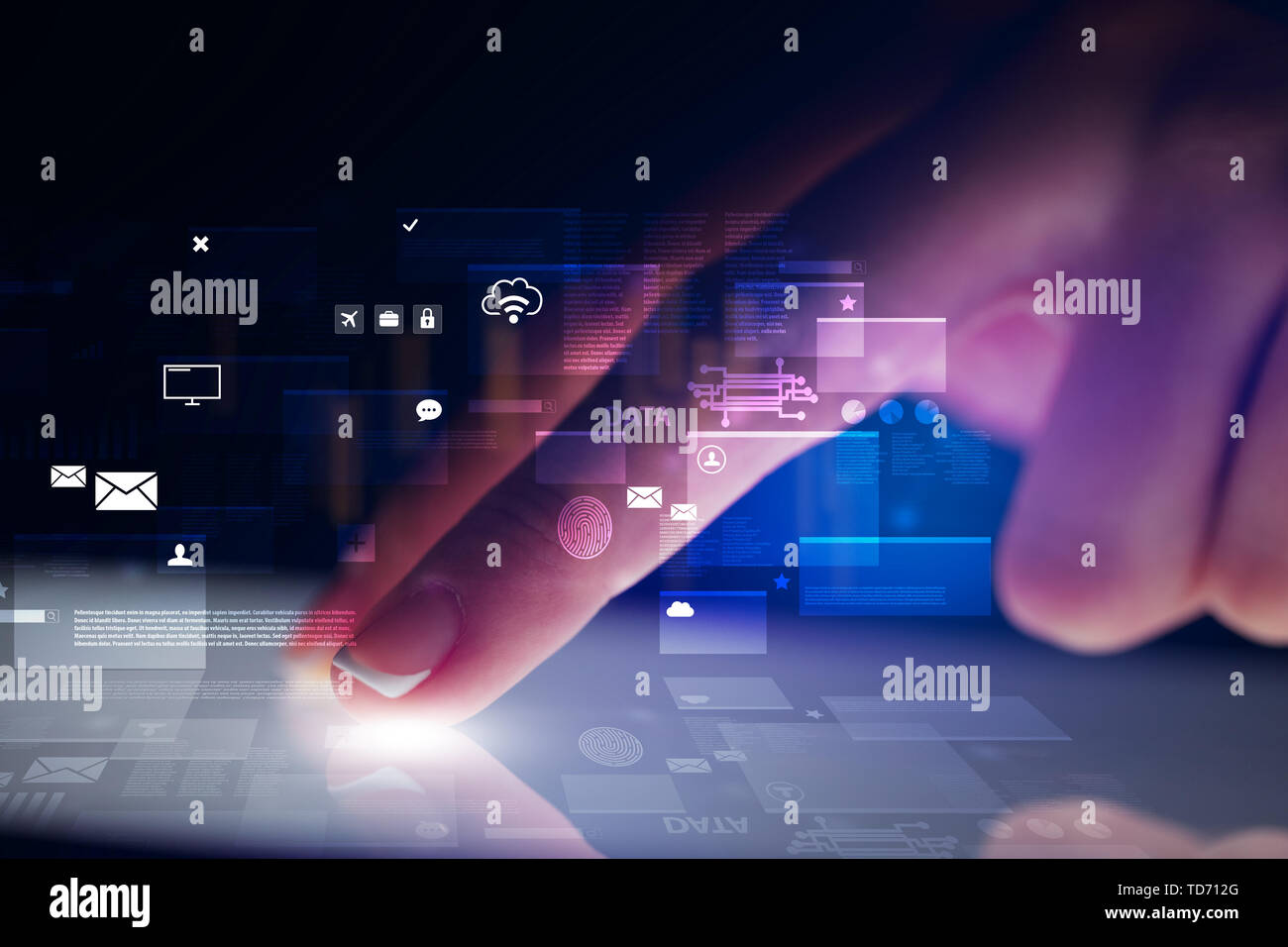 Finger touching tablet with global database concept and dark background ...