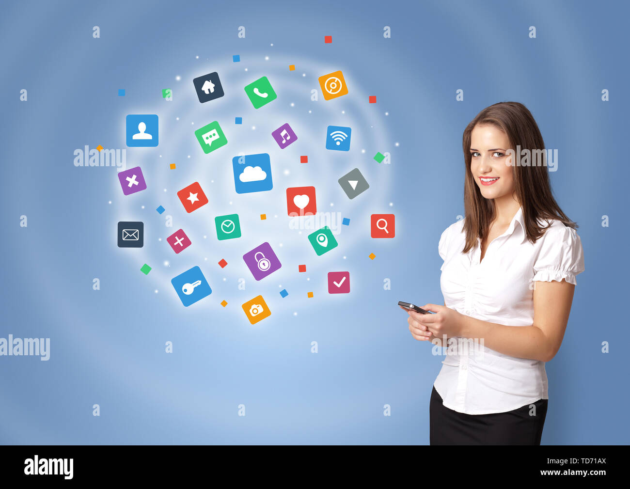 Young person presenting new application icons and symbols Stock Photo ...