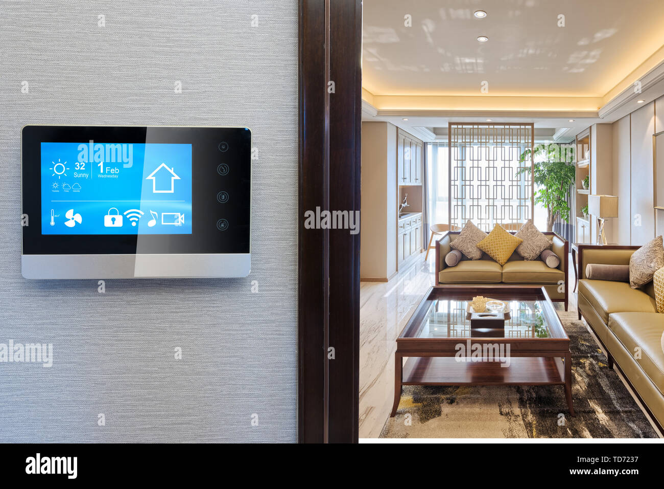smart screen with smart home and modern living room Stock Photo - Alamy