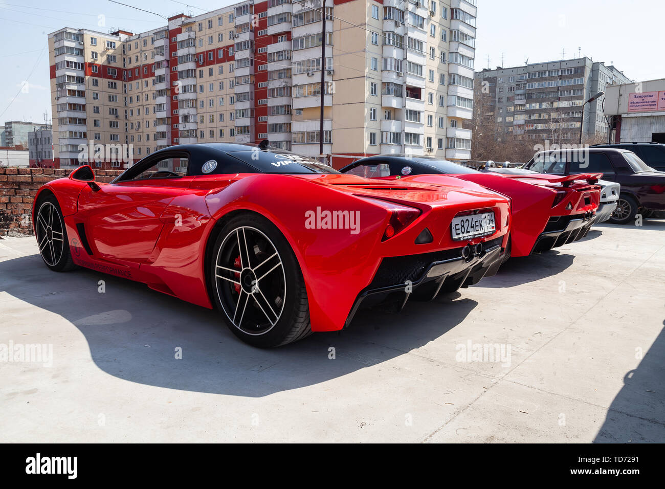 Novosibirsk, Russia - 06.12.2019: Three cars Marussia Motors model B1 ...
