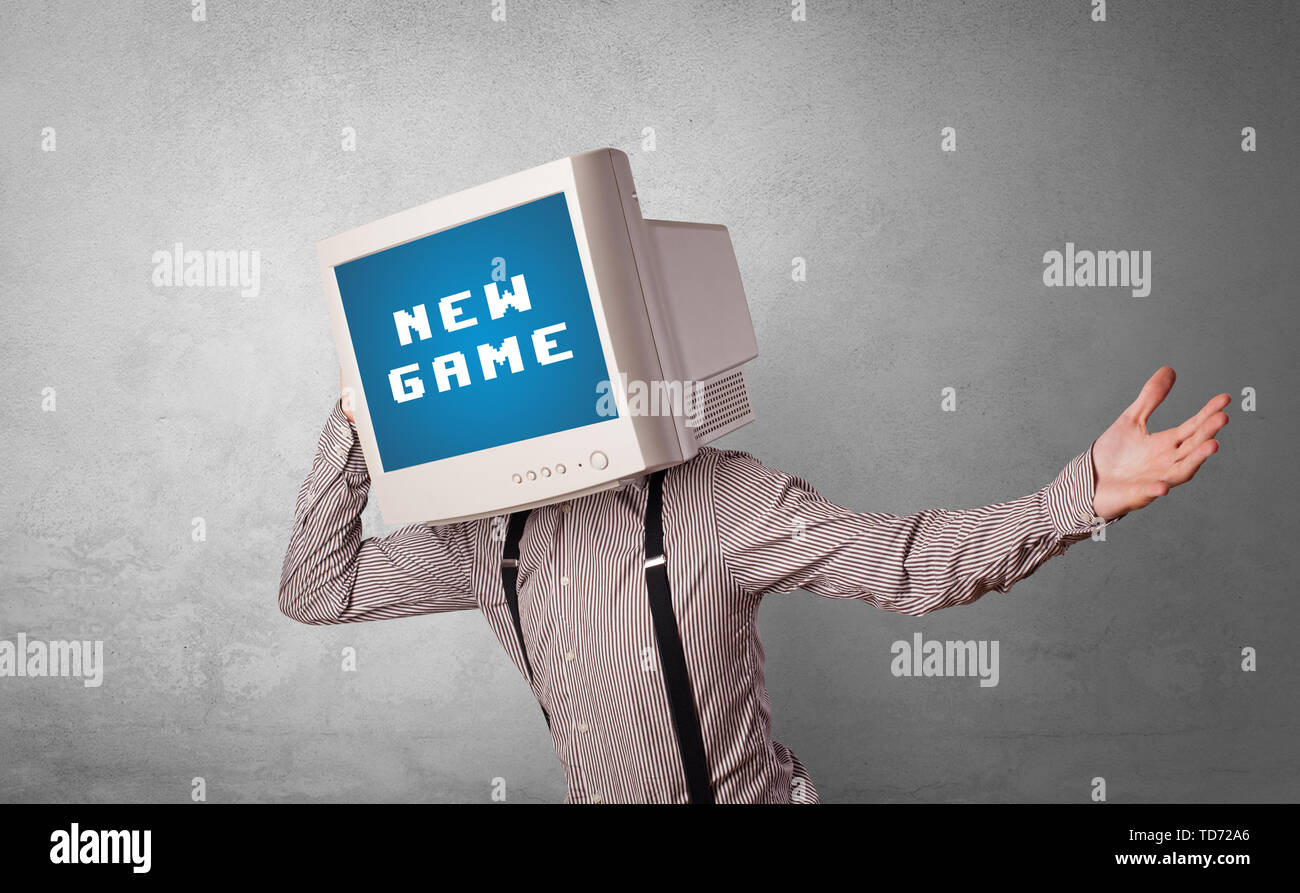 Young person with monitor head, gaming concept Stock Photo - Alamy