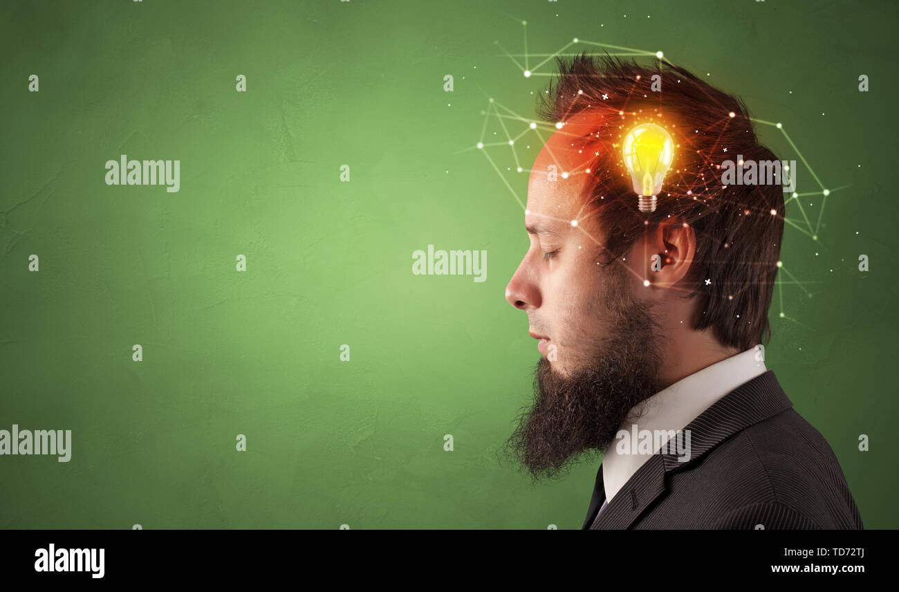 Head with new idea, lighting bulb and networking concept Stock Photo ...