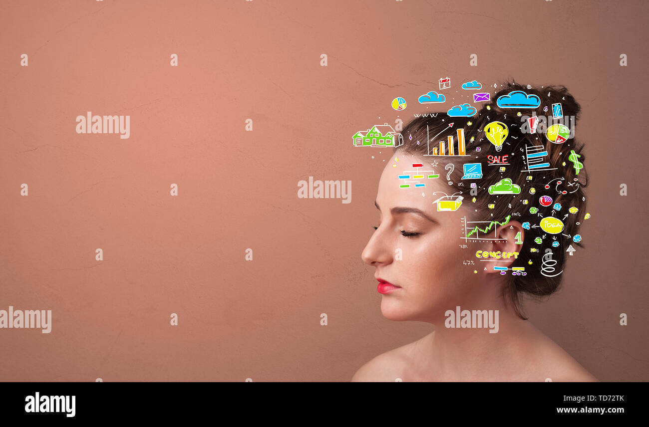 Head with office operation concept, colorful graphs, charts and icons ...