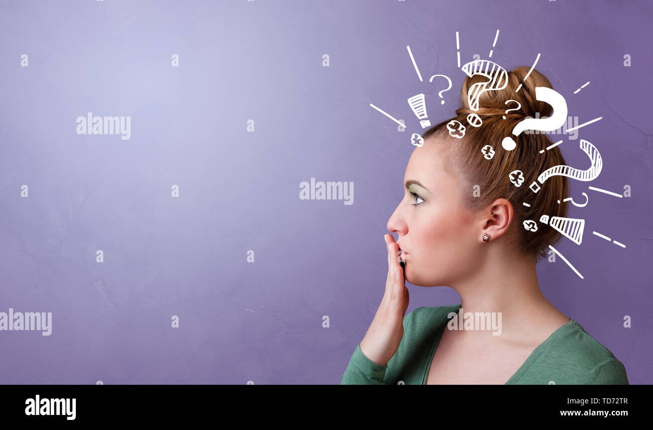 Head with white question marks, and copy space Stock Photo - Alamy