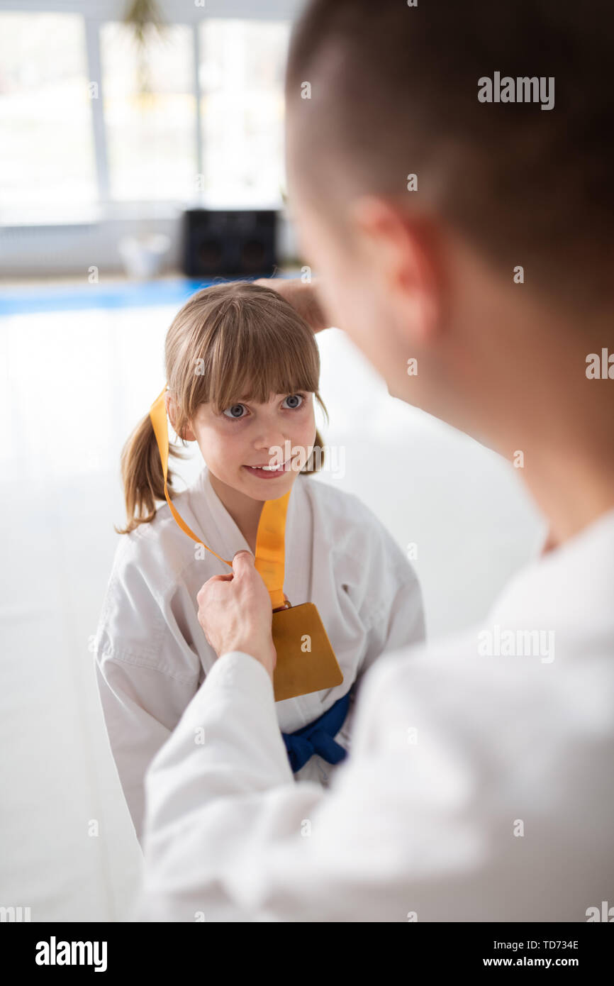 After winning fight. Girl feeling amazing and happy while receiving ...