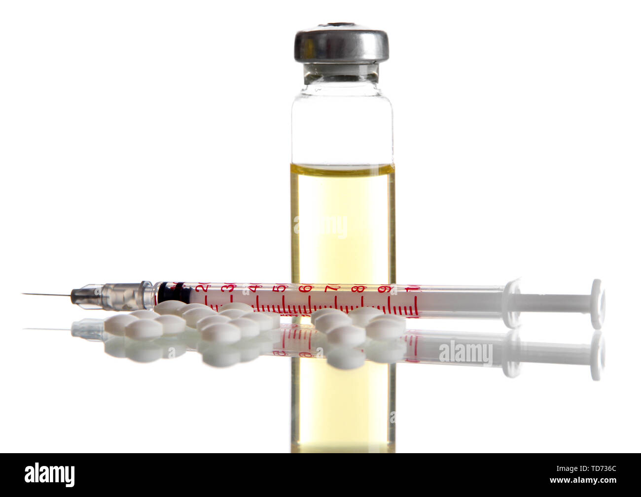 Medical bottle tablets and syringe isolated on white Stock Photo - Alamy