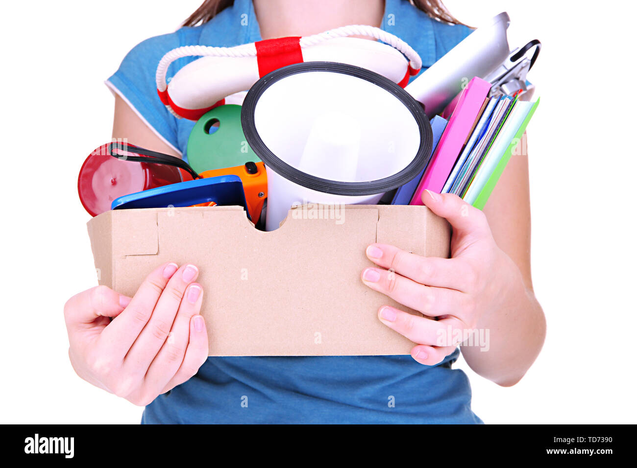 Personal property in carton isolated on white Stock Photo - Alamy