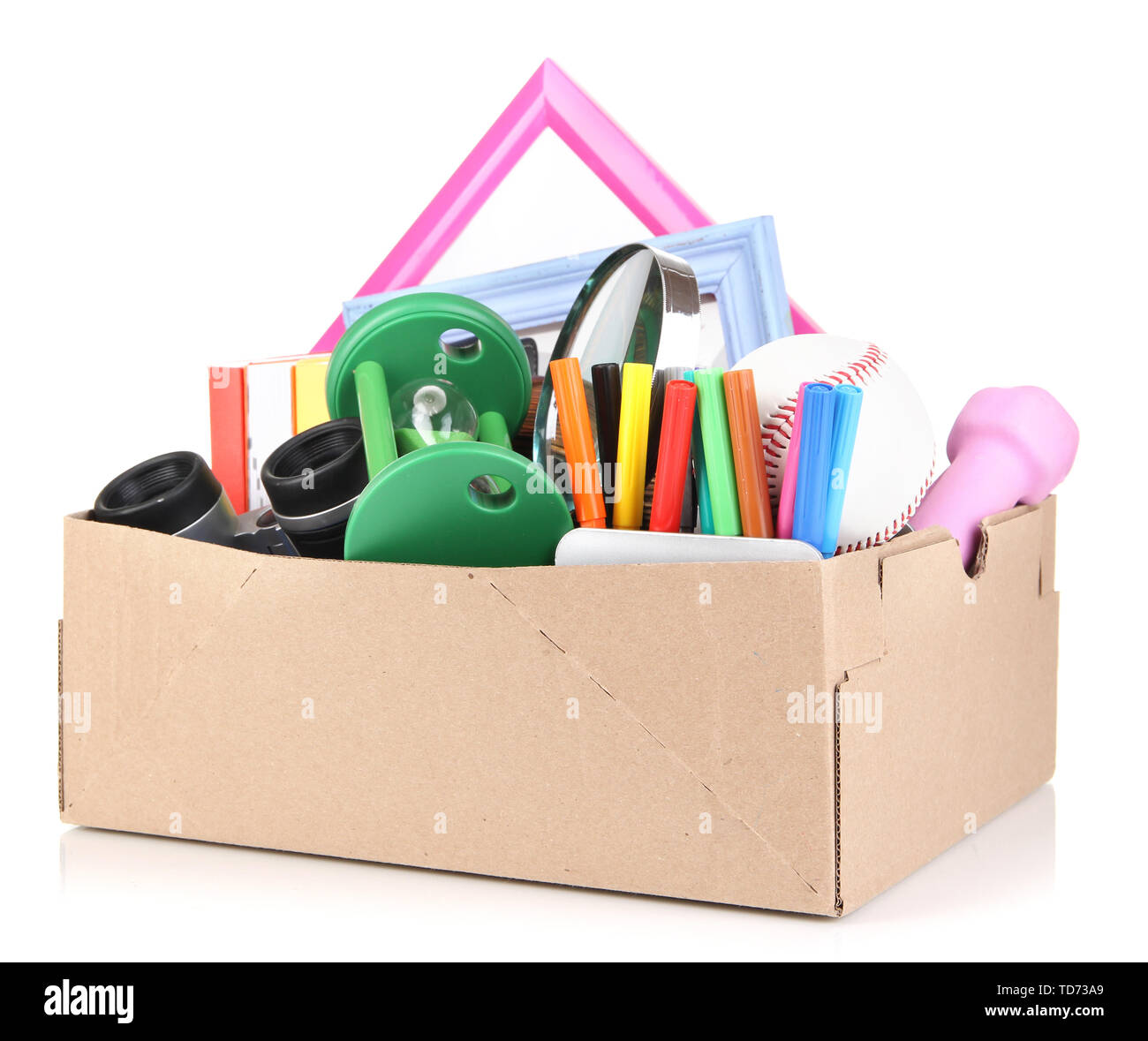 Children property in carton isolated on white Stock Photo - Alamy