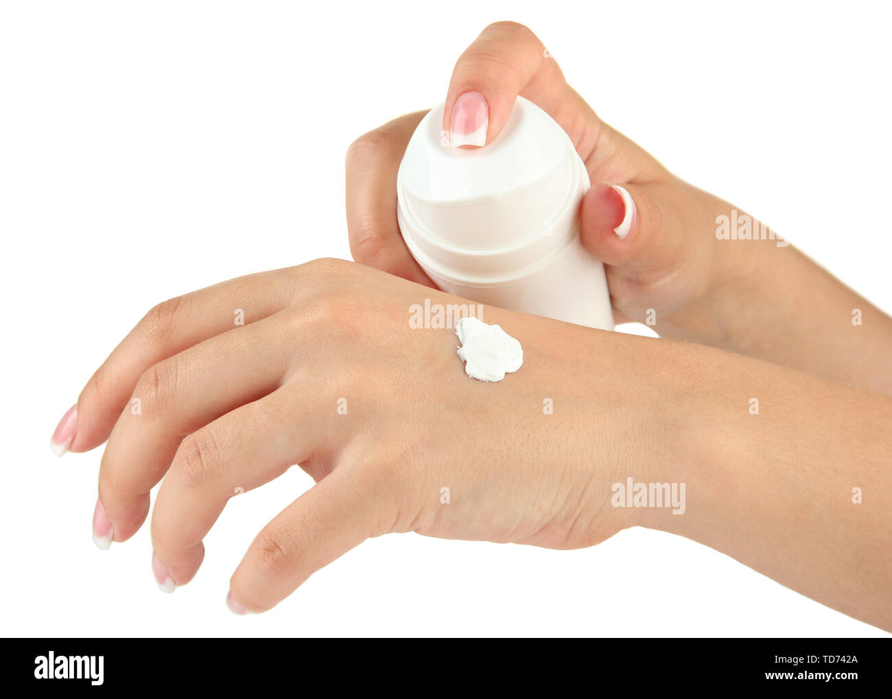 Woman applying cream on hands, isolated on white Stock Photo - Alamy