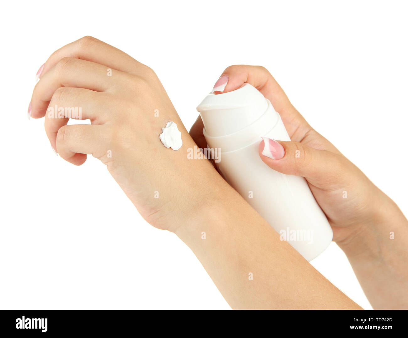 Woman applying cream on hands, isolated on white Stock Photo - Alamy