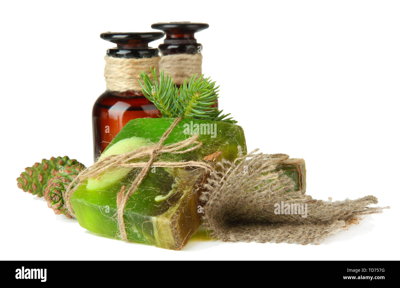 Hand-made soap and bottles of fir tree oil, isolated on white Stock ...