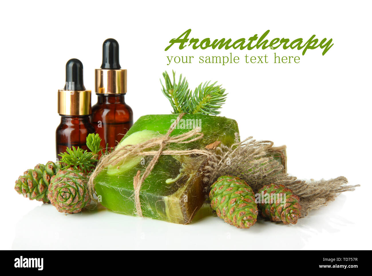Hand-made soap and bottles of fir tree oil, isolated on white Stock ...