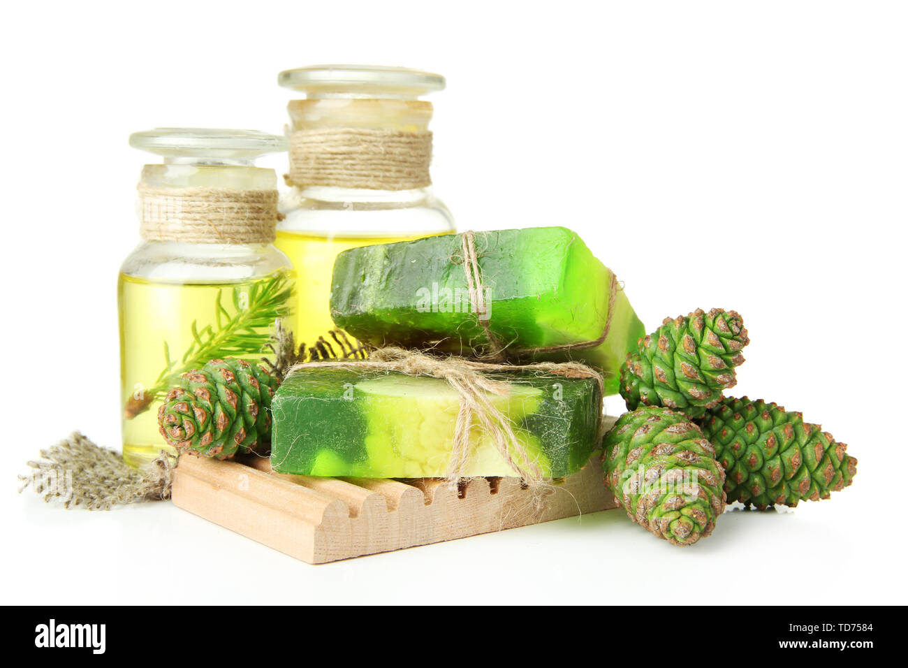 Hand-made soap and bottles of fir tree oil, isolated on white Stock ...