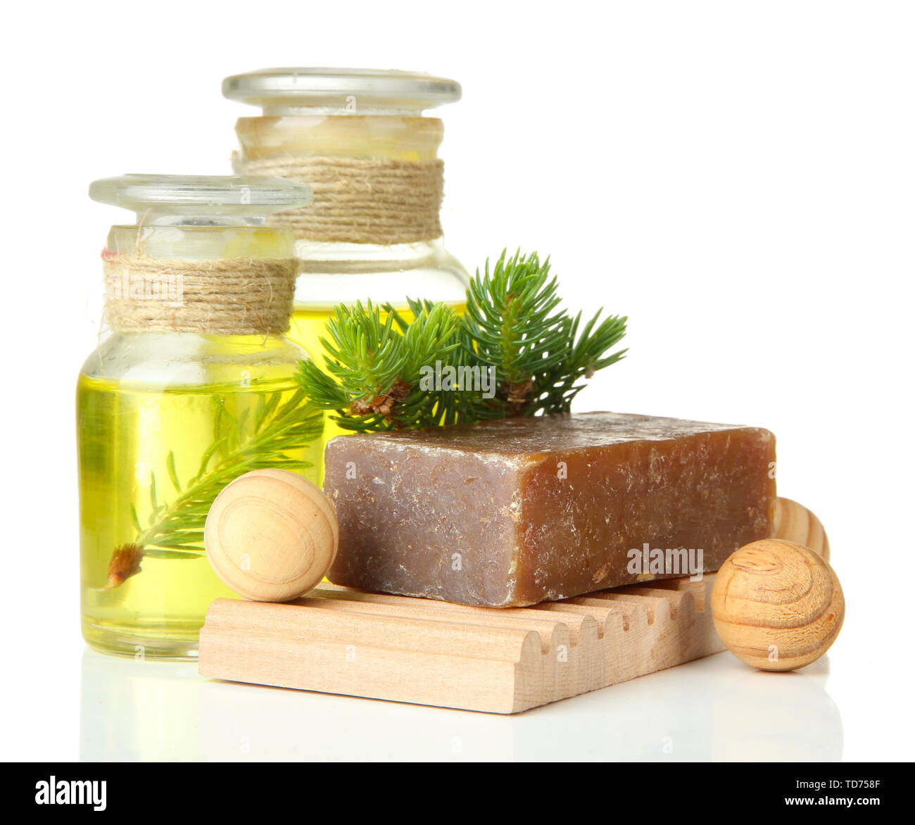Hand-made soap and bottles of fir tree oil, isolated on white Stock ...