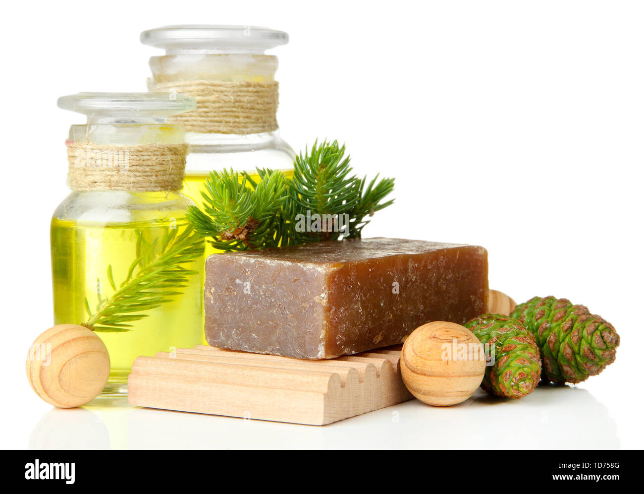 Hand-made soap and bottles of fir tree oil, isolated on white Stock ...