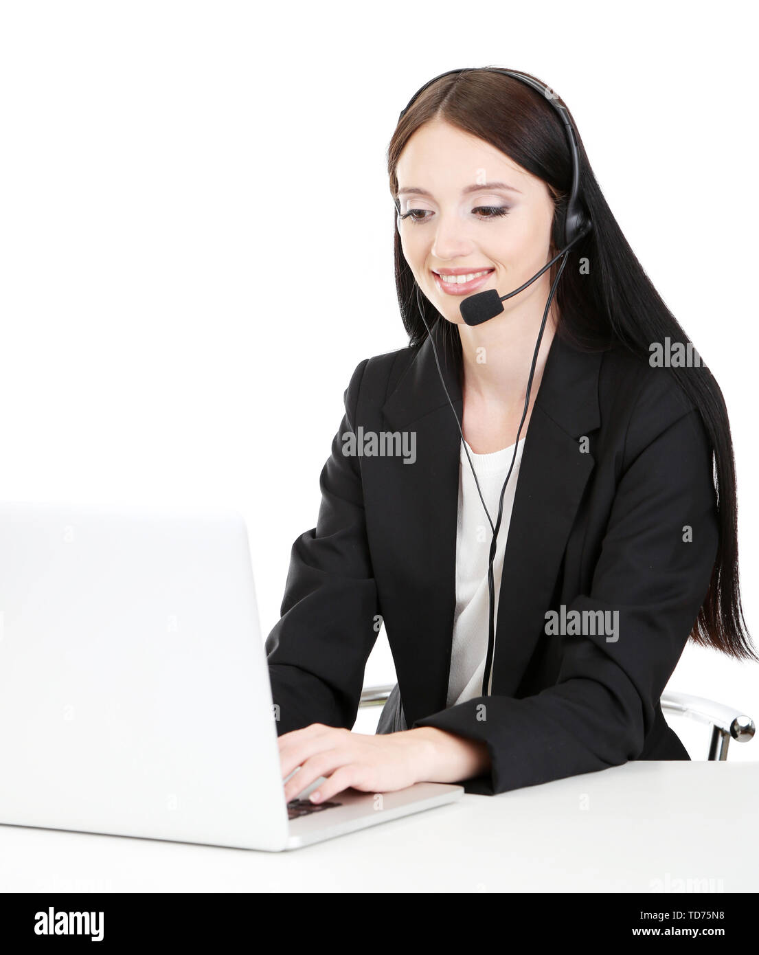 Call center operator at work, isolated on white Stock Photo - Alamy