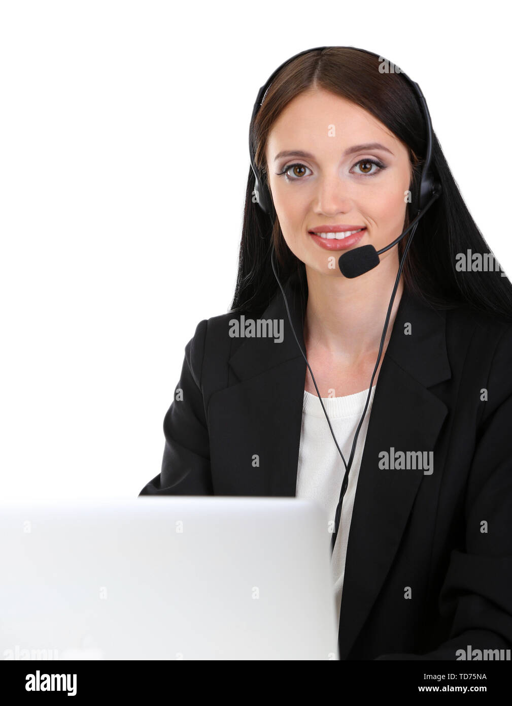 Call center operator at work, isolated on white Stock Photo - Alamy