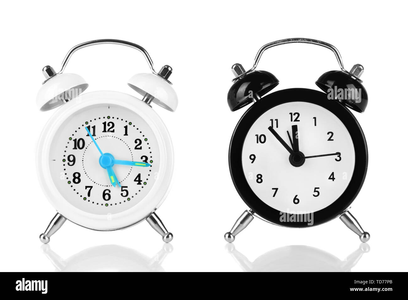 Two old style alarm clocks isolated on white Stock Photo - Alamy