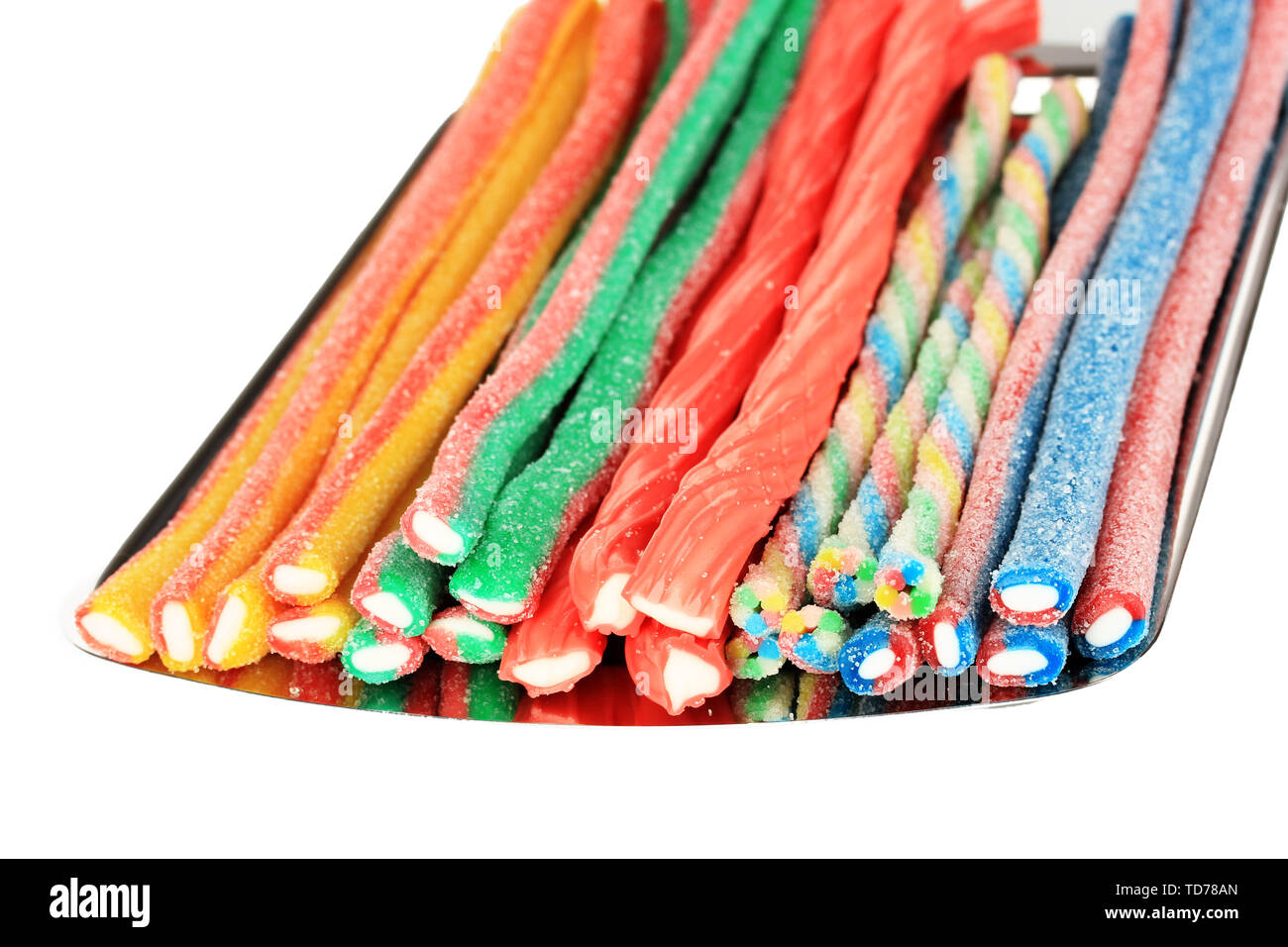 Sweet jelly candies in tray isolated on white Stock Photo - Alamy