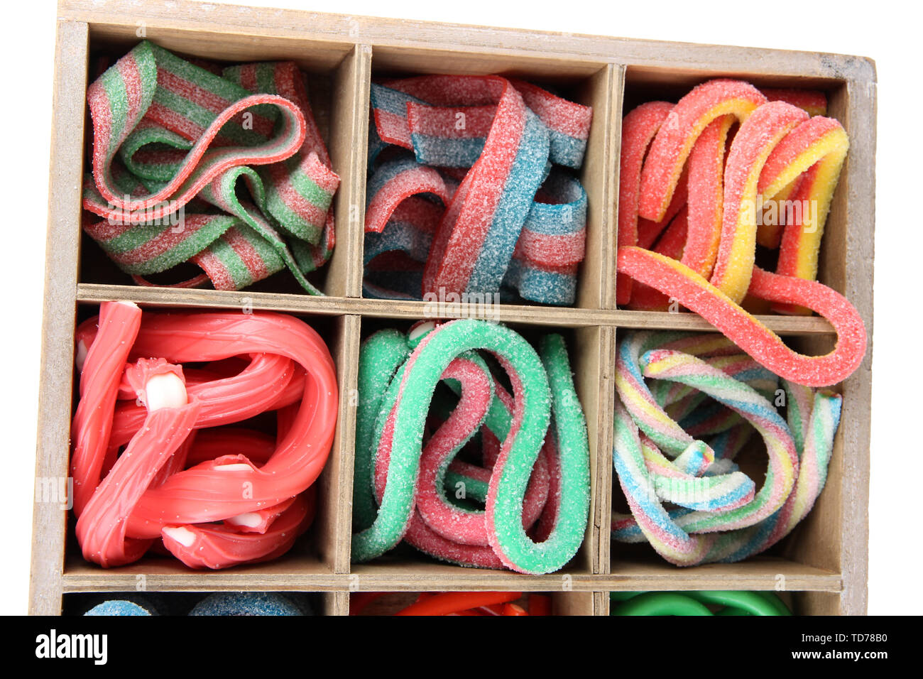 Sweet jelly candies in wooden box close-up Stock Photo - Alamy