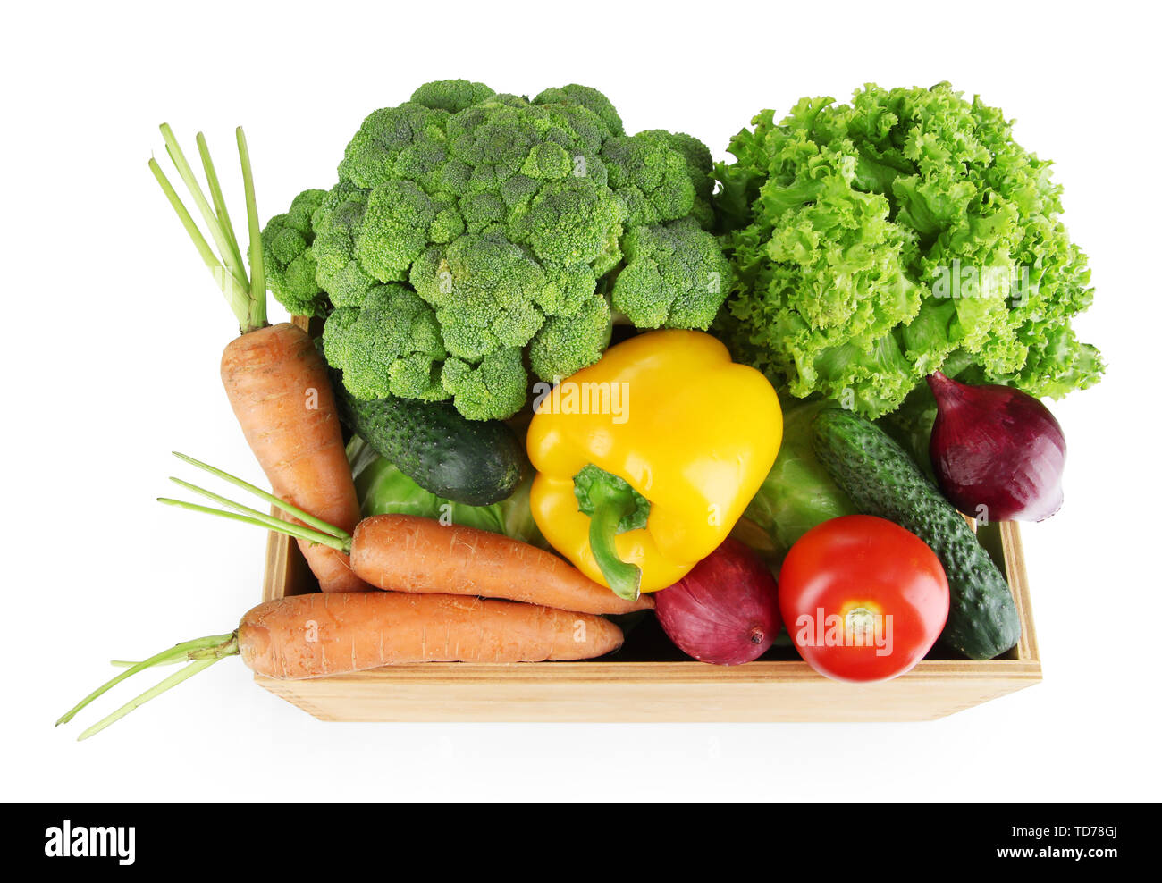 Fresh vegetables in wooden box on grey background Stock Photo - Alamy