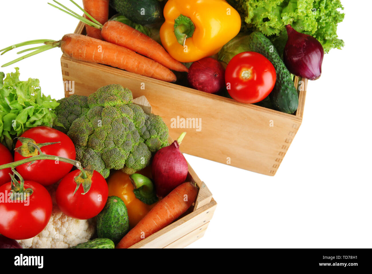Fresh vegetables in wooden boxes on white background Stock Photo - Alamy