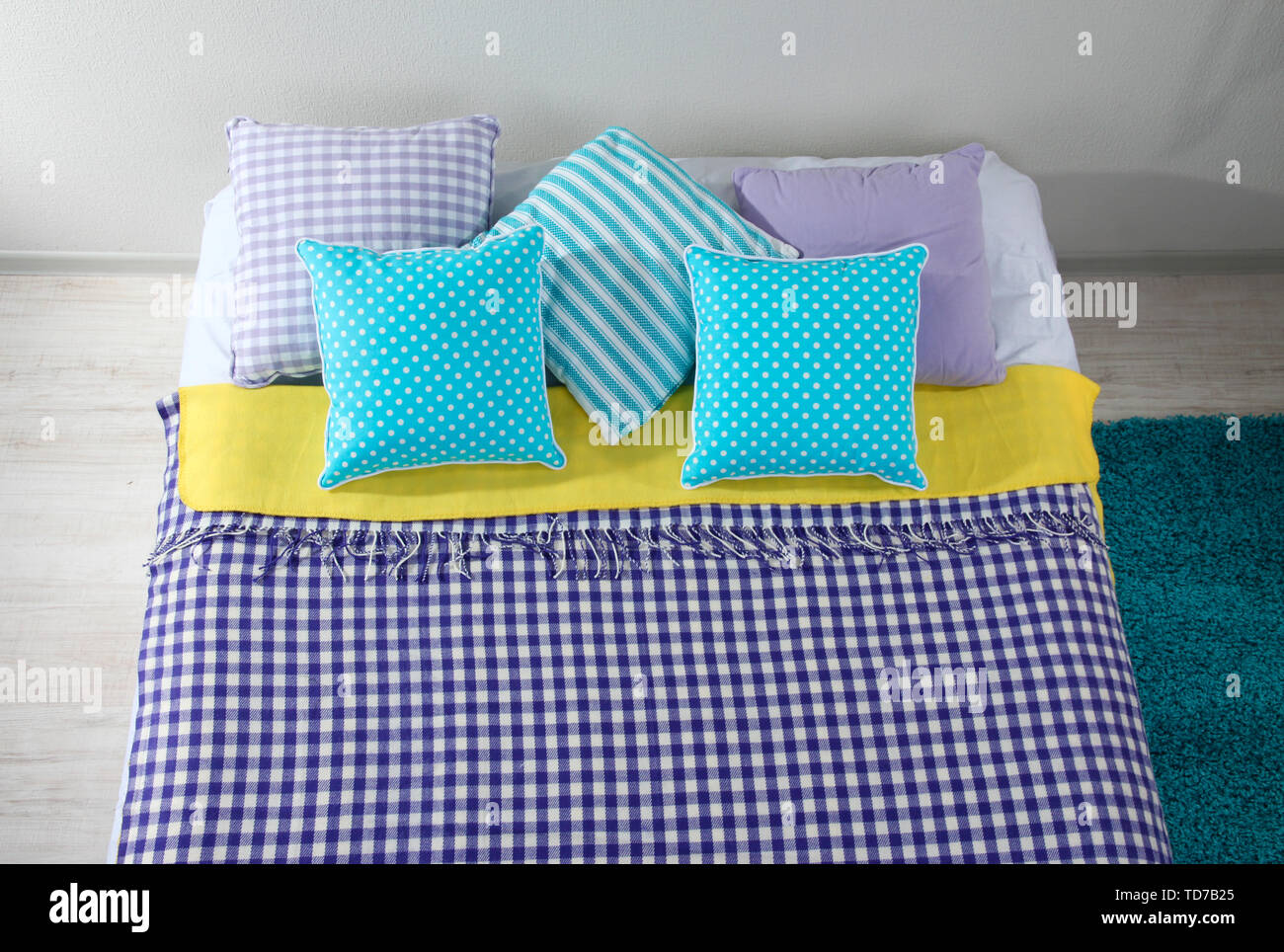 Bed in room top view close-up Stock Photo - Alamy