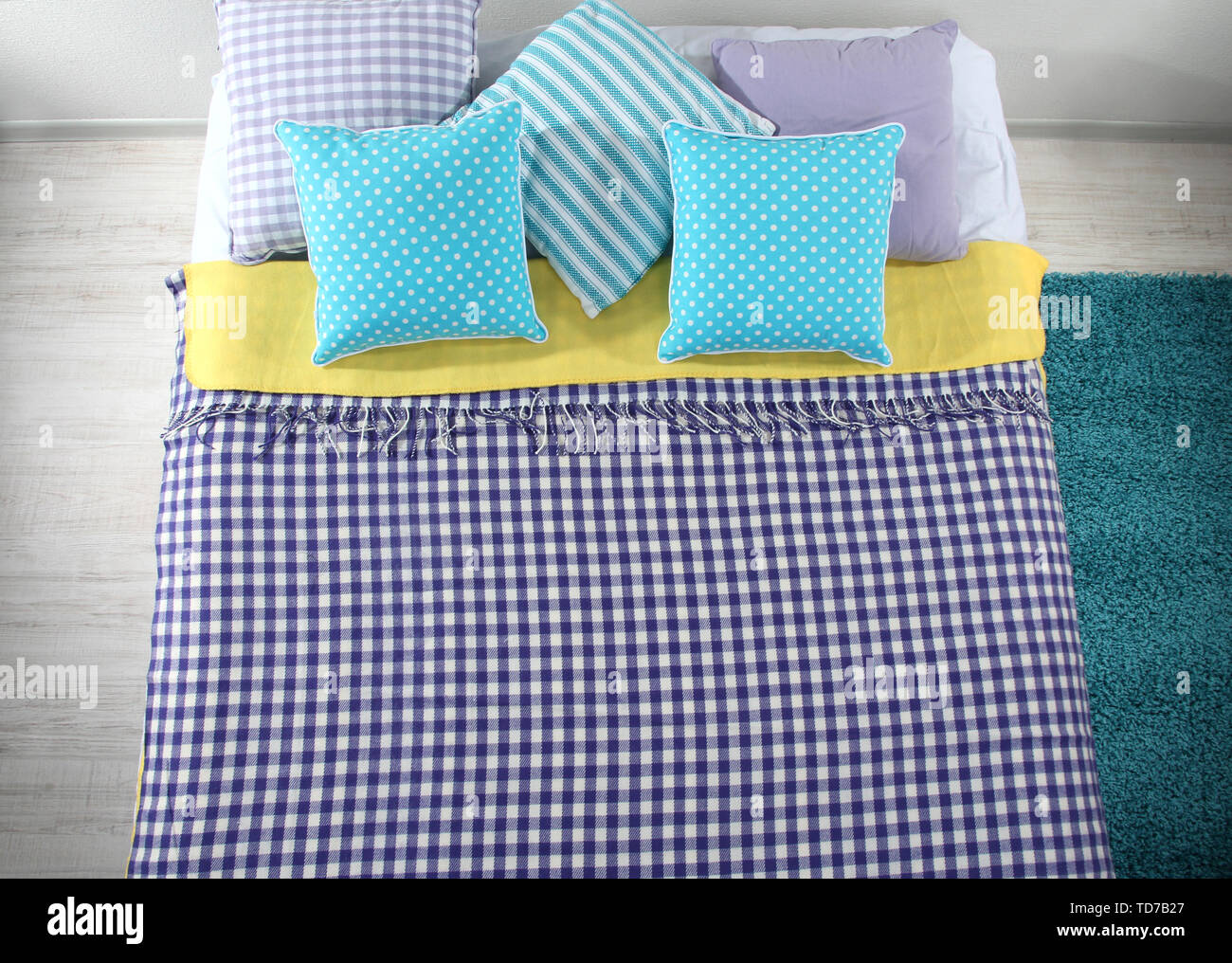 Bed in room top view close-up Stock Photo - Alamy