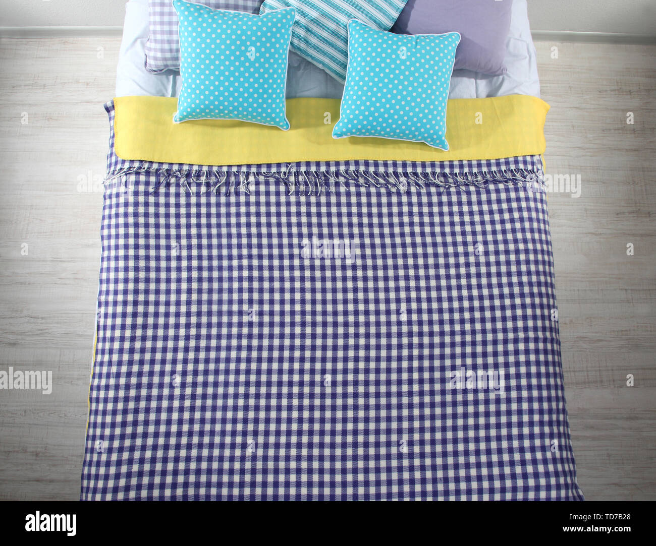 Bed in room top view close-up Stock Photo - Alamy