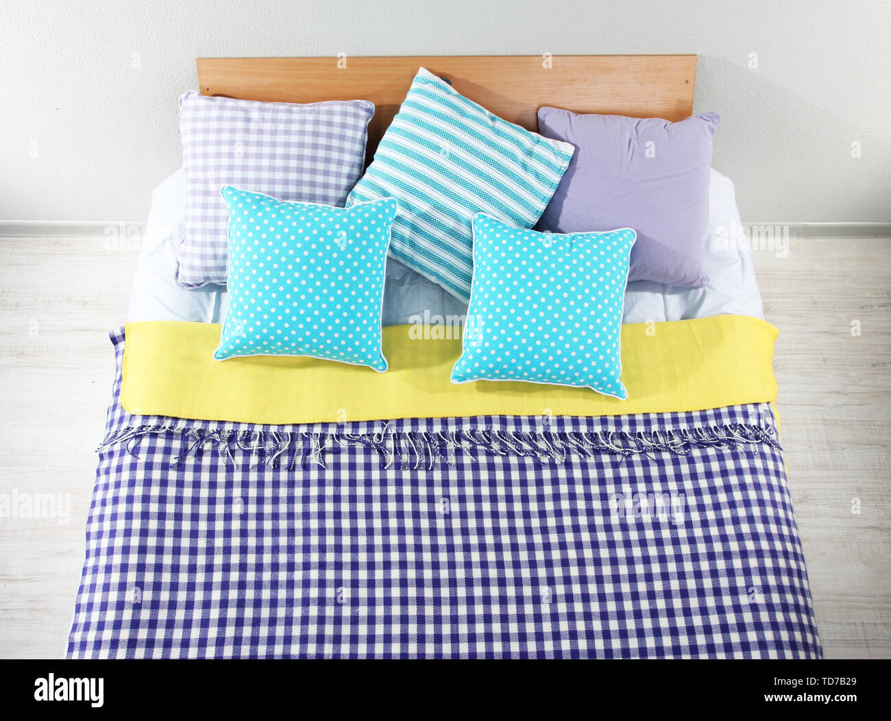 Bed in room top view close-up Stock Photo - Alamy