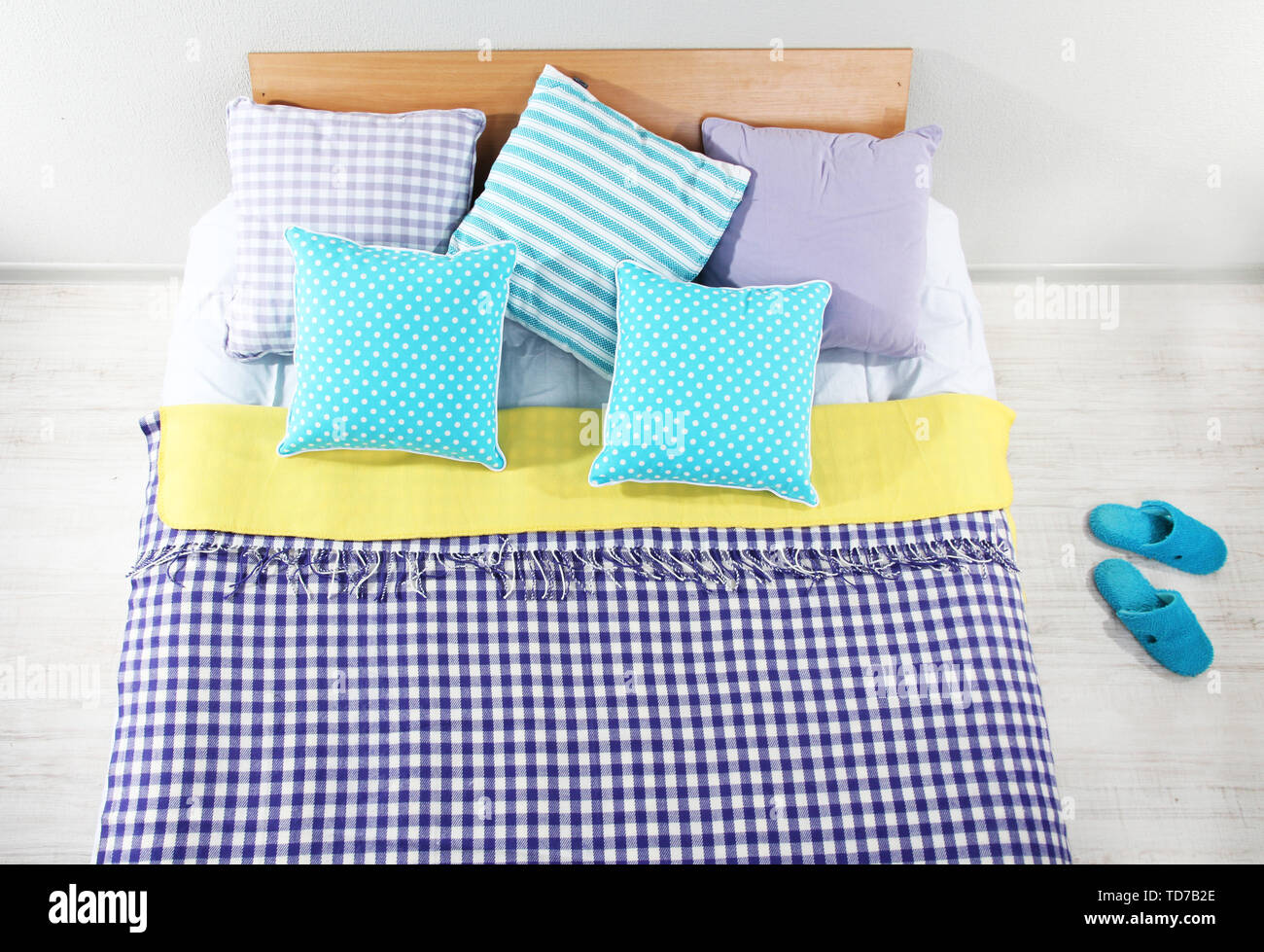 Bed in room top view close-up Stock Photo - Alamy