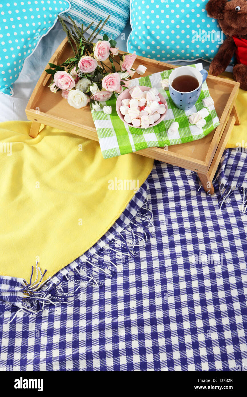Bed with breakfast close-up Stock Photo - Alamy