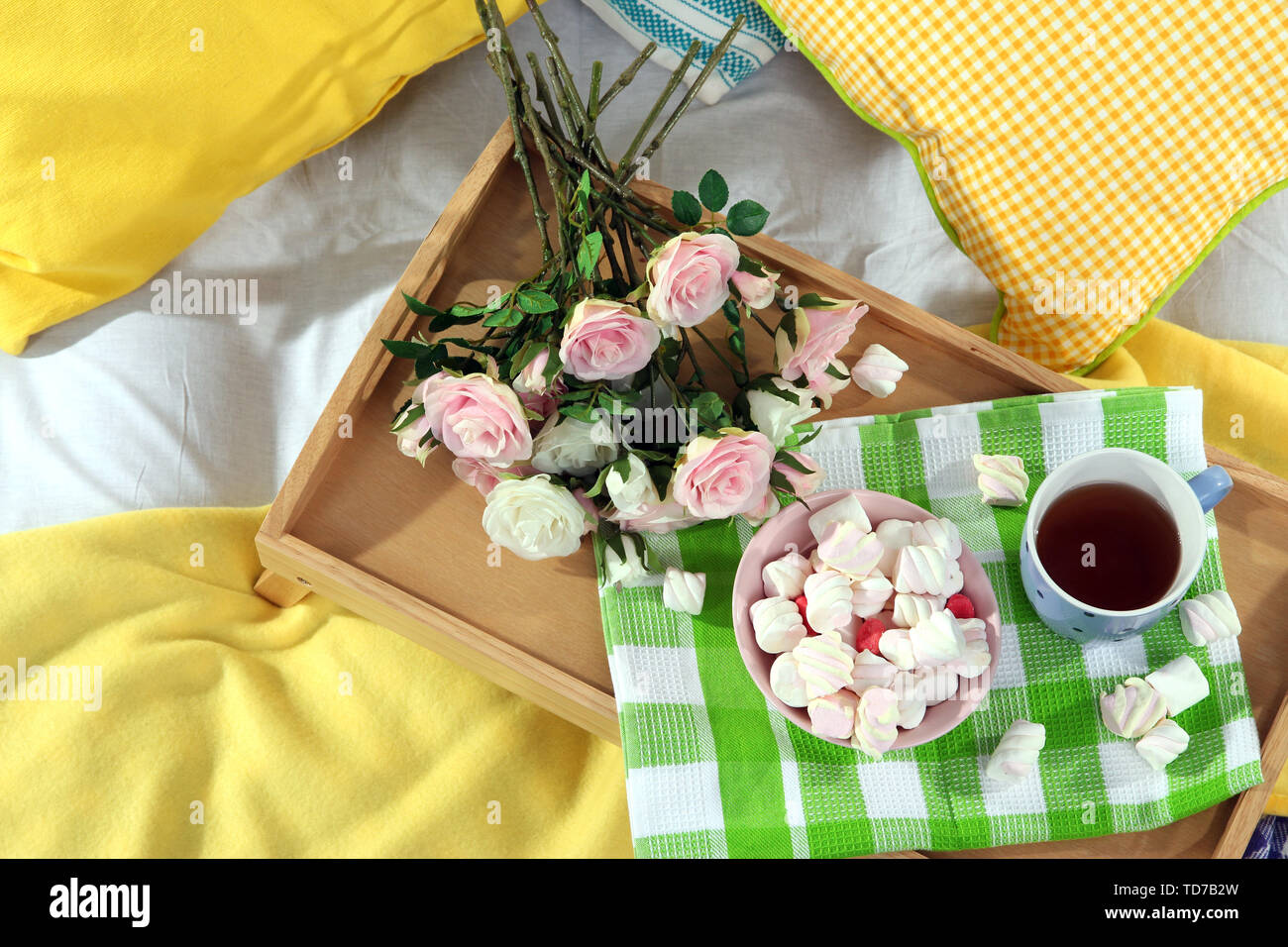 Bed with breakfast close-up Stock Photo - Alamy