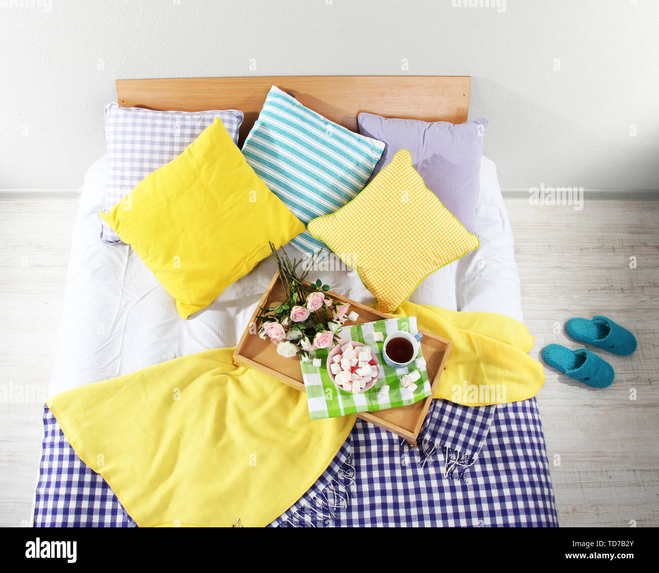 Bed with breakfast in room top view close-up Stock Photo - Alamy
