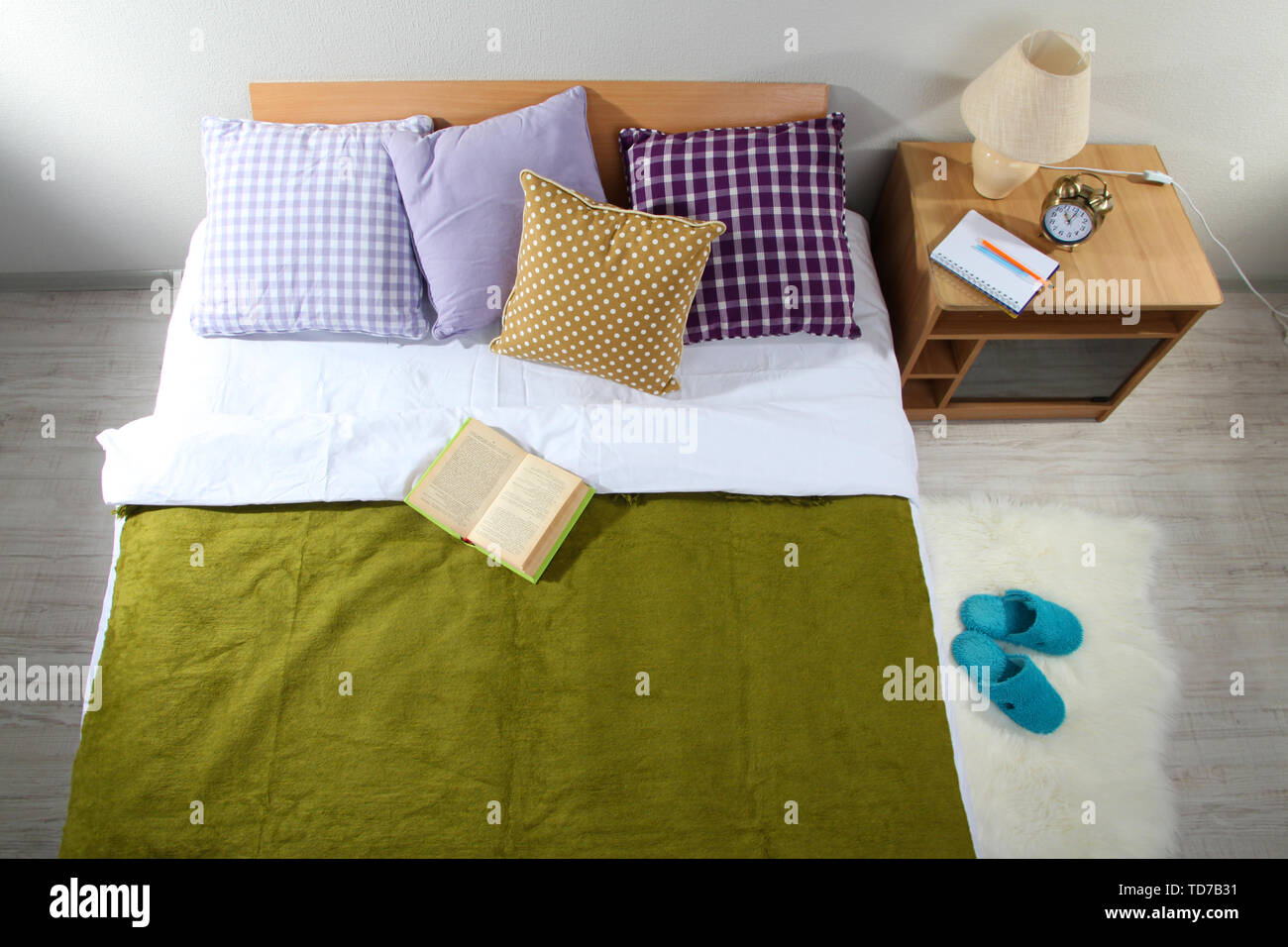 Bed in room top view close-up Stock Photo - Alamy