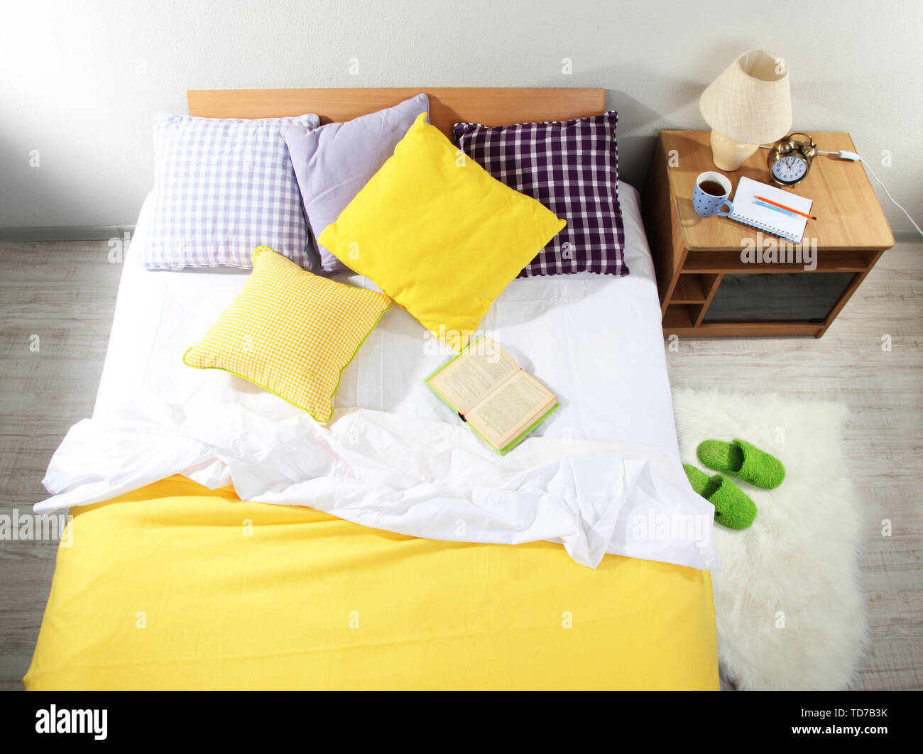 Bed in room top view close-up Stock Photo - Alamy